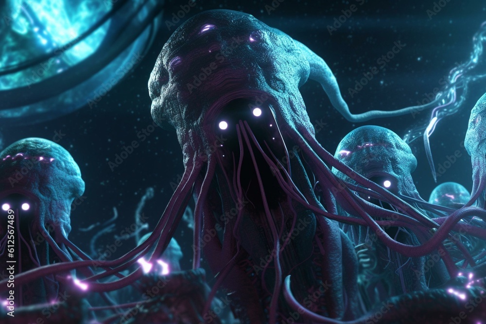 Illustration of futuristic aliens with tentacles invading space in a ...