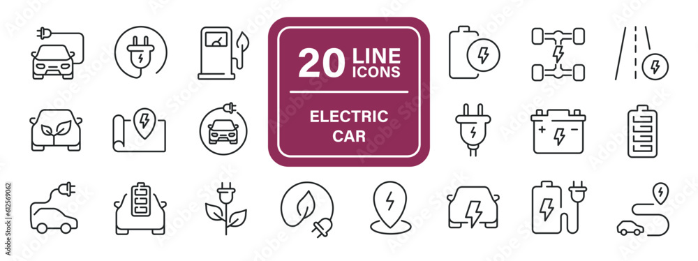 Electric car line icons. Editable stroke. For website marketing design ...