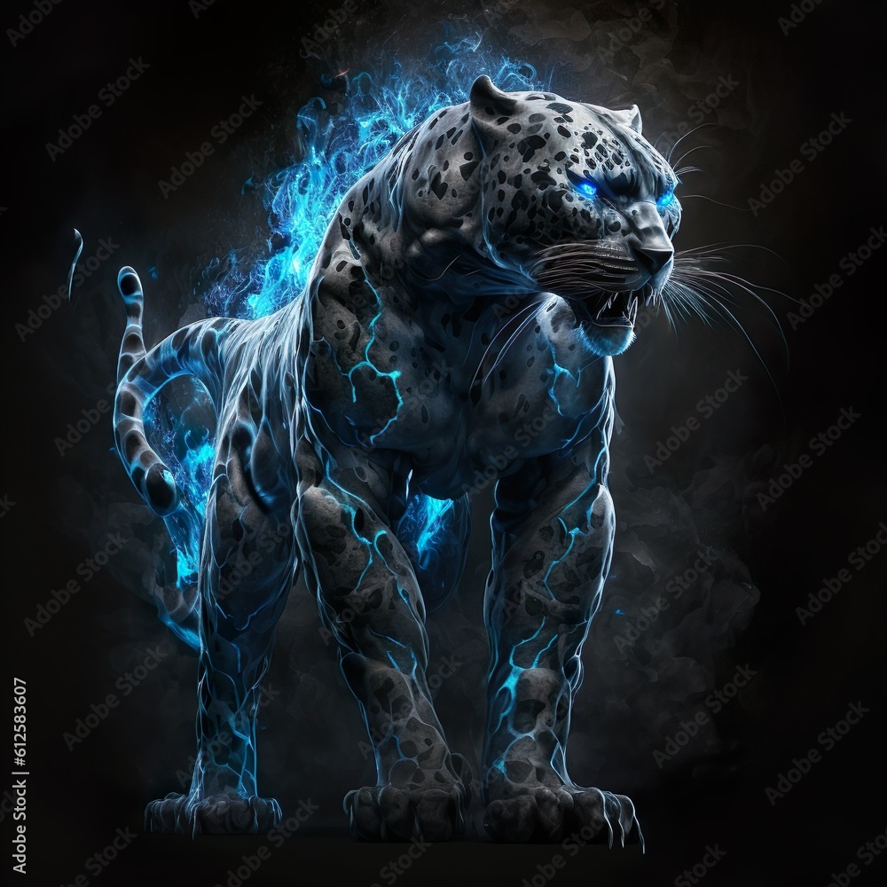 realistic texture animated blue panter mascotte, muscular build, black ...