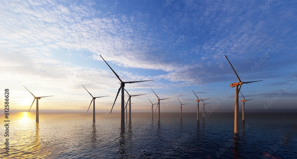 Ultra HD. Ocean Wind Farm. Windmill farm in the ocean. Offshore wind ...