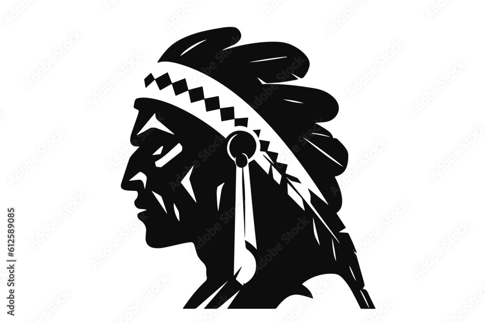 Native American Indian villager, man portrait, Side view, silhouette ...