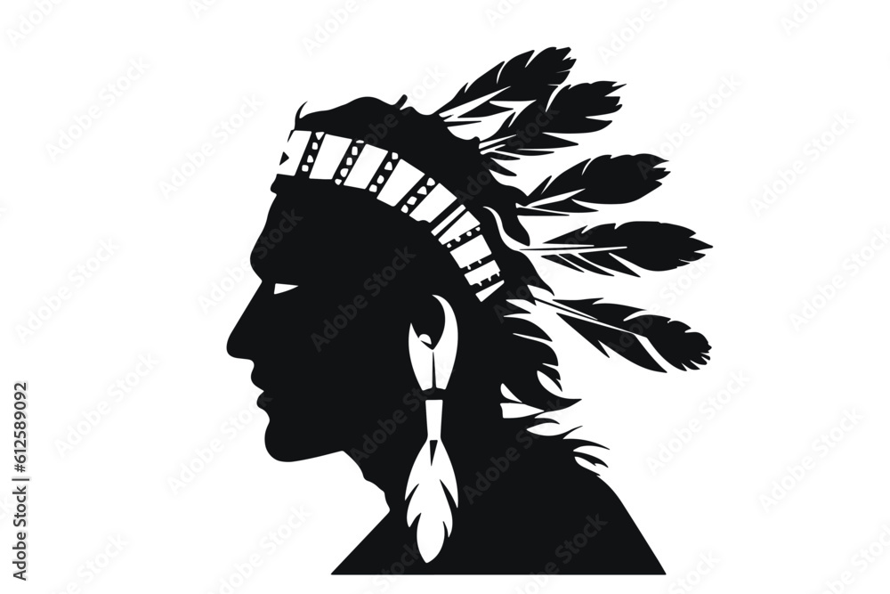 Native American. Portrait. decorated with feathers. Side view ...