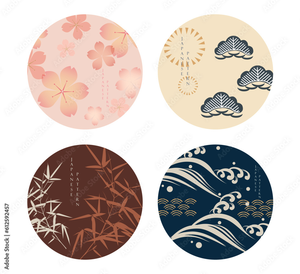 Asian circle icon set with Japanese Cherry blossom flower, bamboo ...