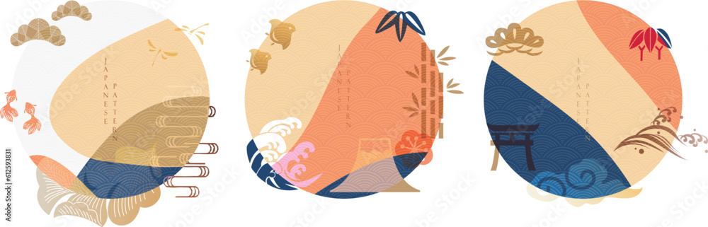 Japanese background with Asian icon and symbol vector. Circle shape ...