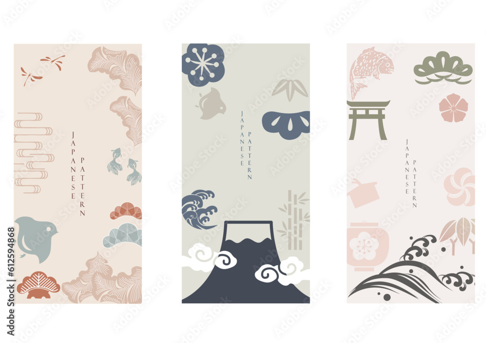 Japanese background with Asian tradition icon and symbol vector. Fuji ...