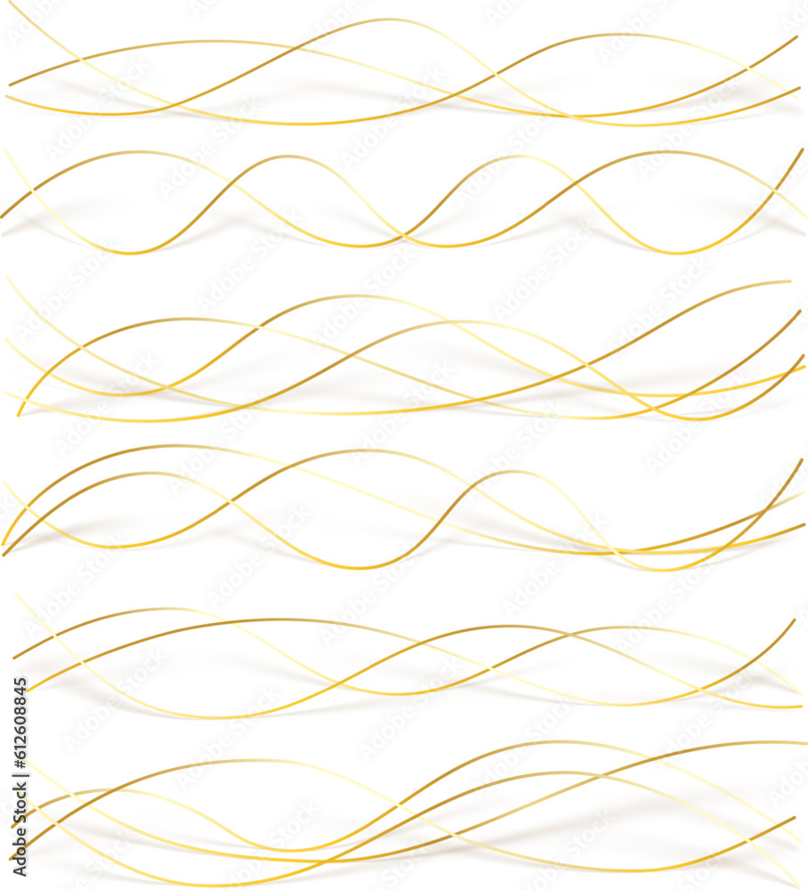 3d wavy gold lines swoosh on white background. Luxury beauty thin curves, swirl as stream flow ...
