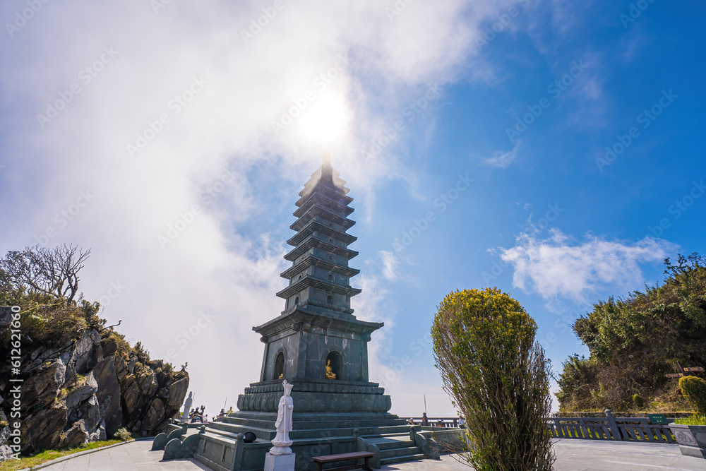 Pagoda at the top of mount Fanispan, Sapa region, Lao Cai, Vietnam. The ...