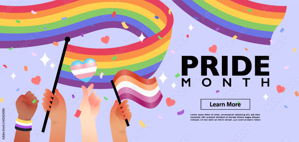 Website template banner of people hold rainbow flag with sign language ...