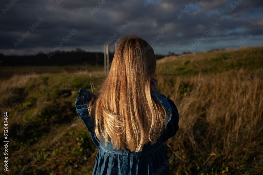 Sunlight on long blonde hair in natural environment. Dramatic light ...