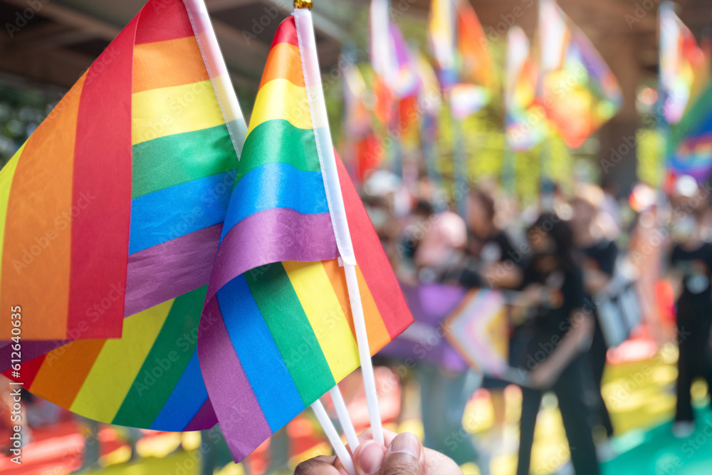 Rainbow flags symbol of Lgbt people, holding in hands, and annual Pride ...