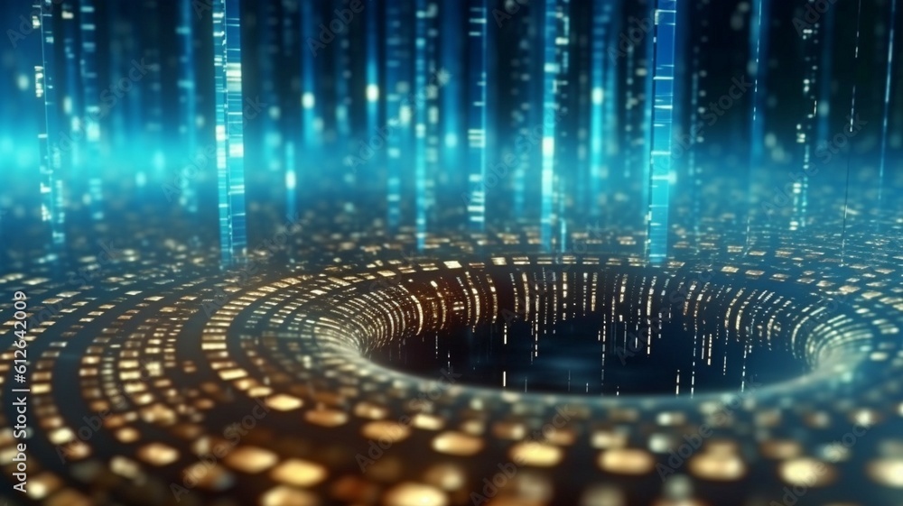 Binary code moving through a vortex in the backdrop with depth of field ...