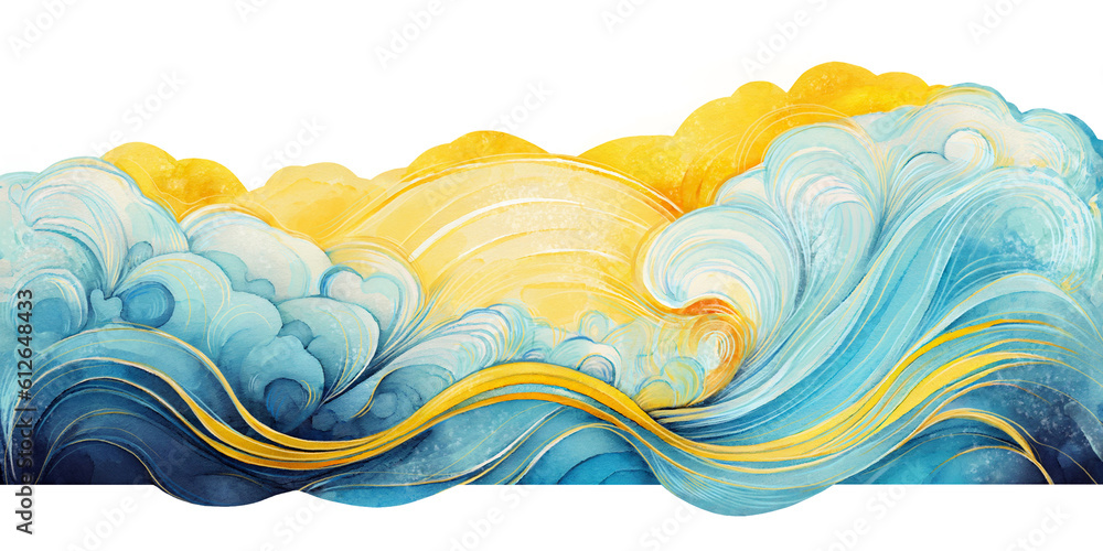 Sun, blue clouds happy waves splash, sunny ocean wave yellow cartoon ...