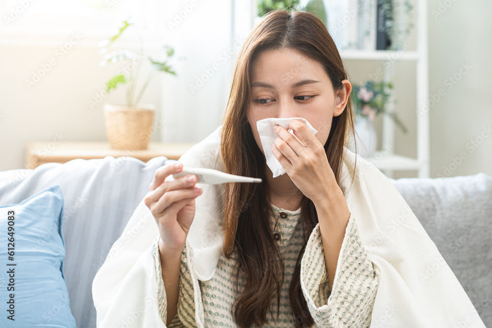 Sick Influenza Asian Young Woman Tired Have A Fever And Sore Cough