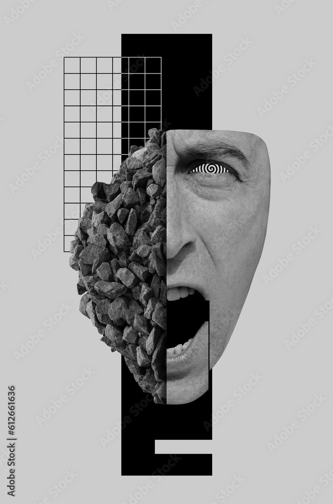 Collage art with half of face of the man and pile of the stones Stock ...