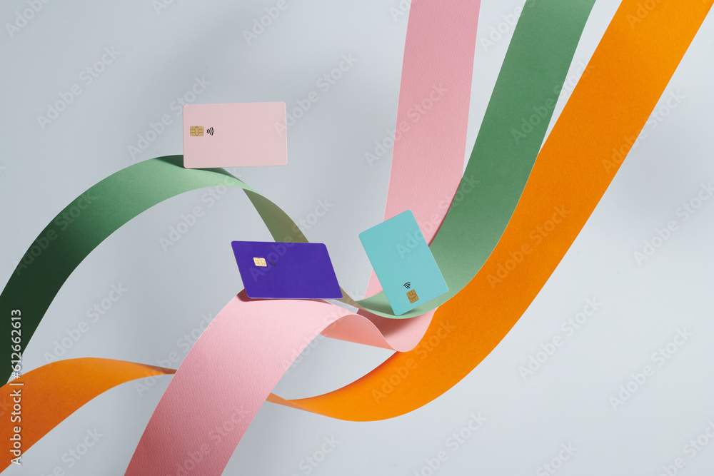 colorful bank cards floating on wave color paper lines Stock Photo ...