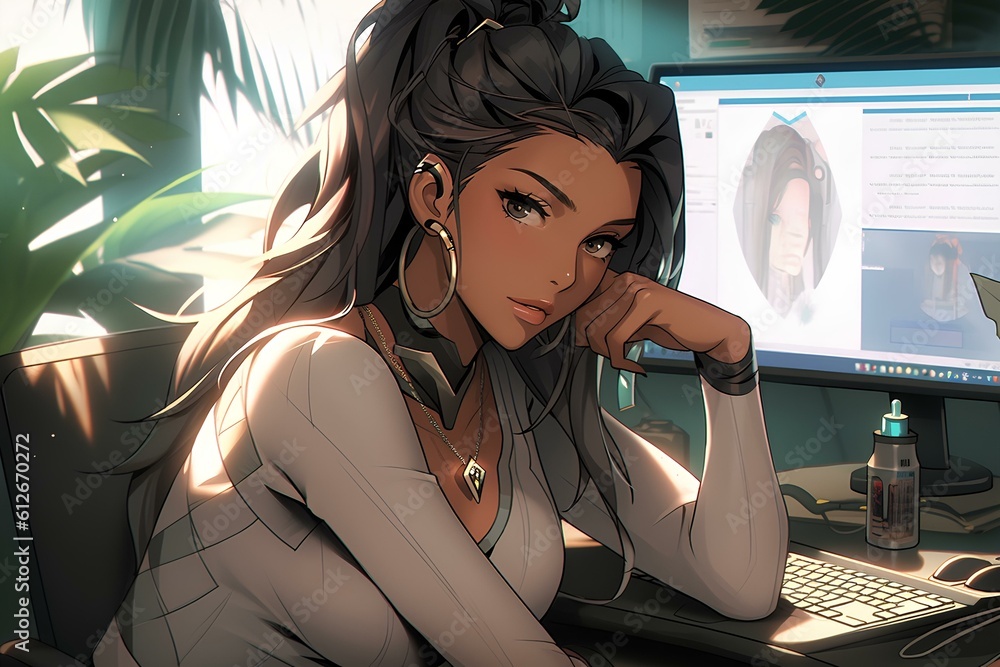 voluptuous fit anime woman hacker with a cyberpunk vibe sitting in ...