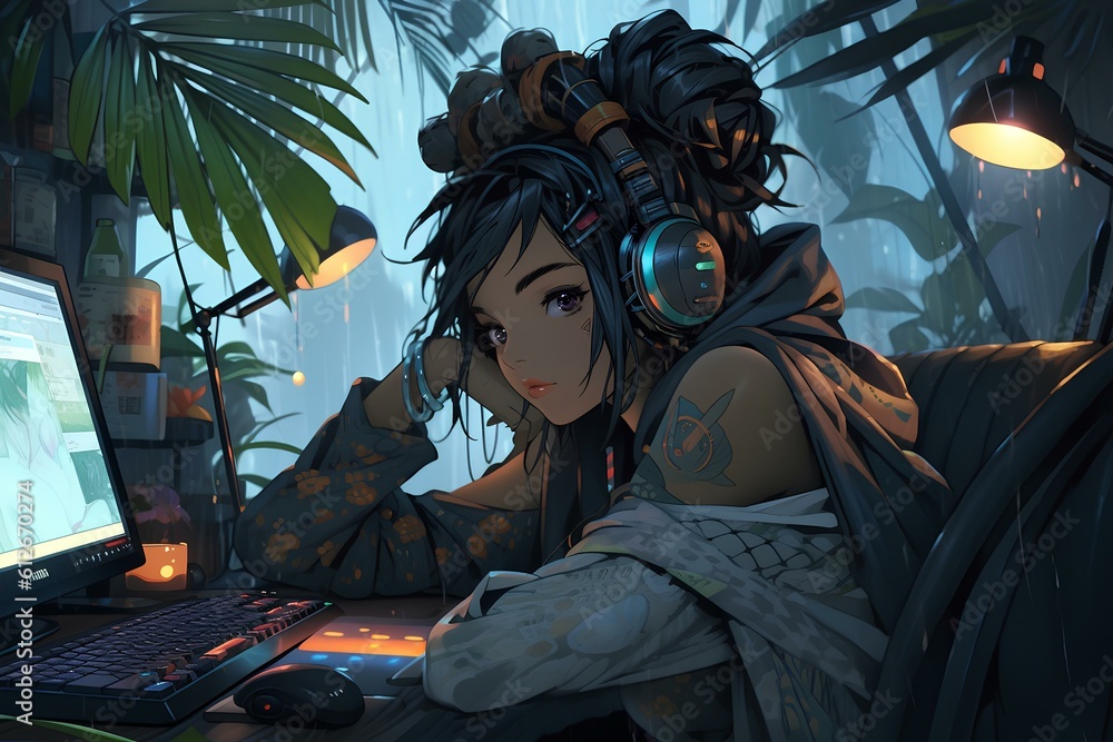 voluptuous fit anime woman hacker with a cyberpunk vibe sitting in ...