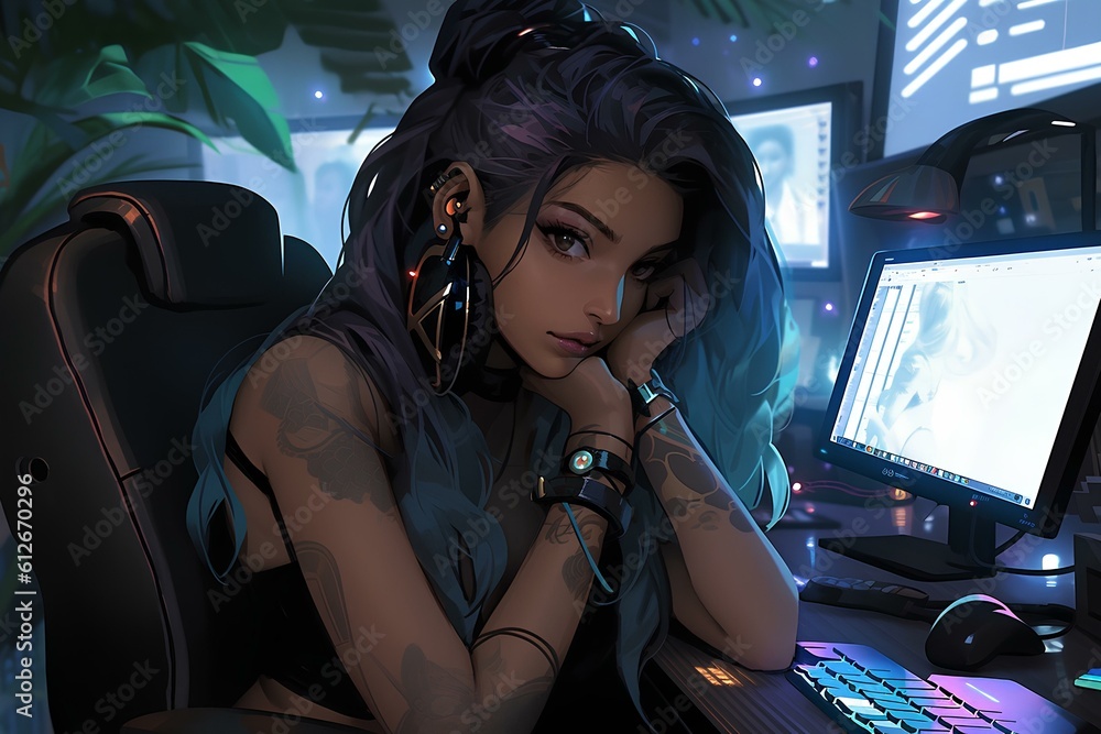 voluptuous fit anime woman hacker with a cyberpunk vibe sitting in ...