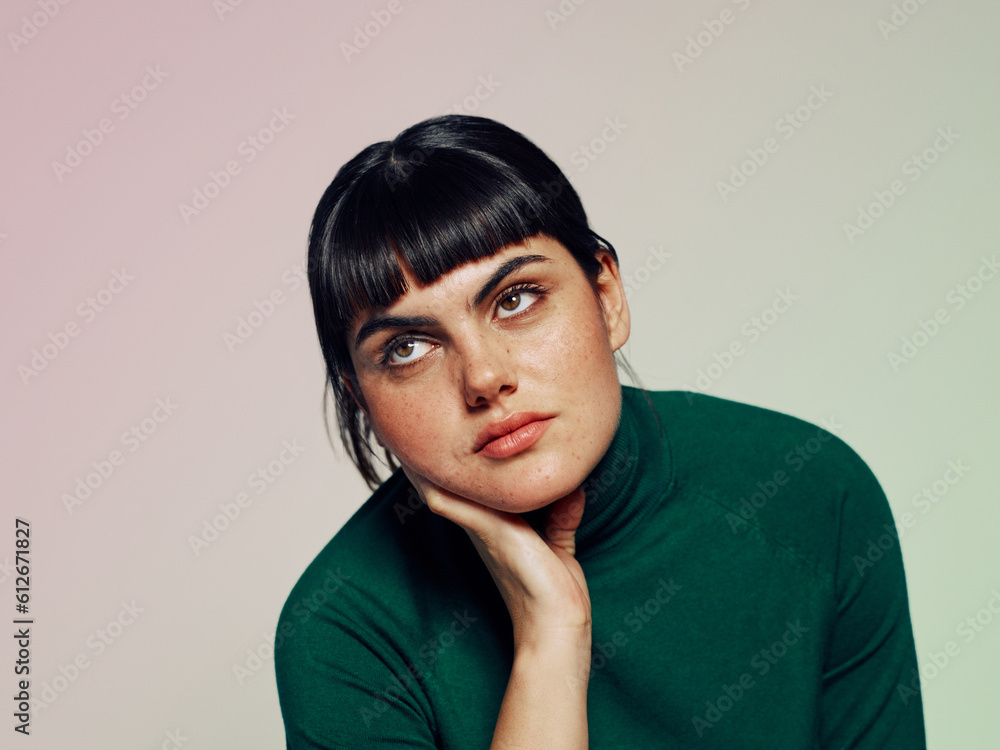 Gradient color studio portrait with woman with hopeful expression Stock ...