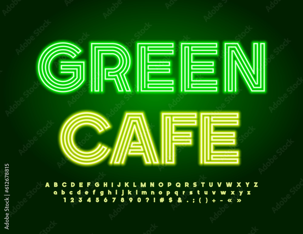 Vector concept logo Green Cafe with Glowing creative Font. Yellow Neon ...
