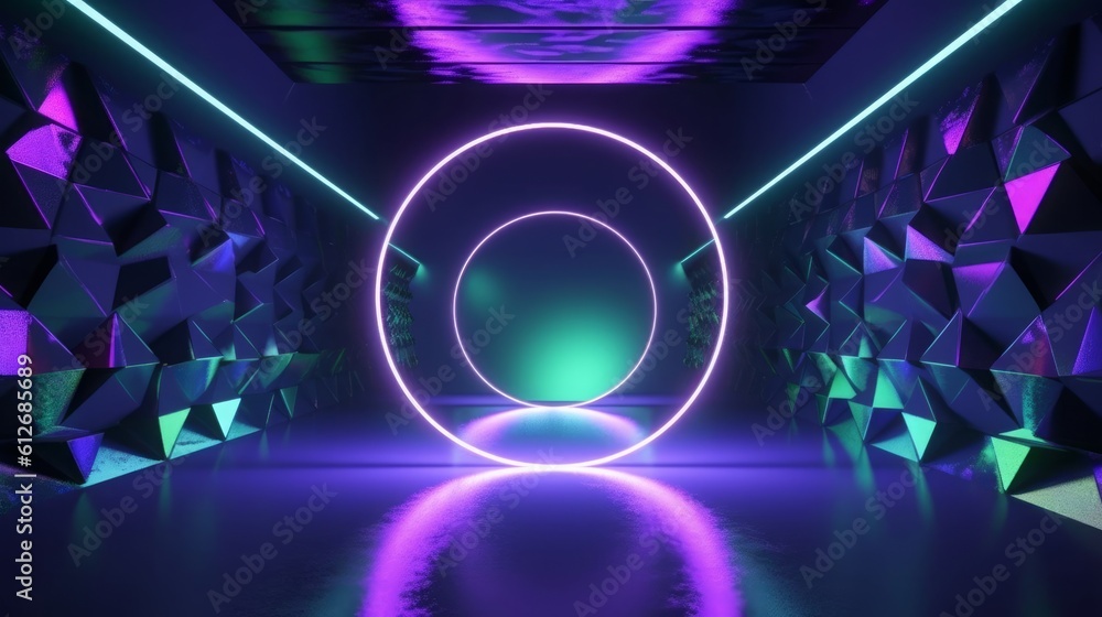 3d render, abstract neon background. Empty room with crystallized wall ...