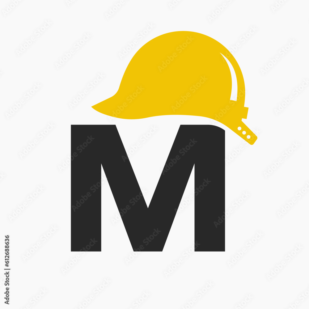 Letter M Helmet Construction Logo Concept With Safety Helmet Icon ...