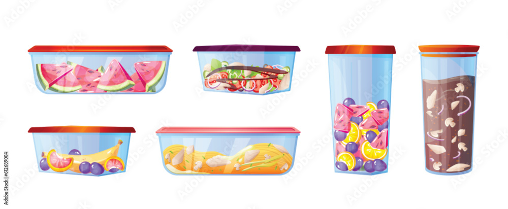 Cartoon set of plastic food containers isolated on white. Vector ...