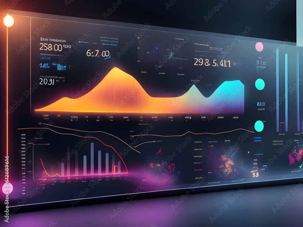 Realistic display with a transparent background of vibrant charts and ...