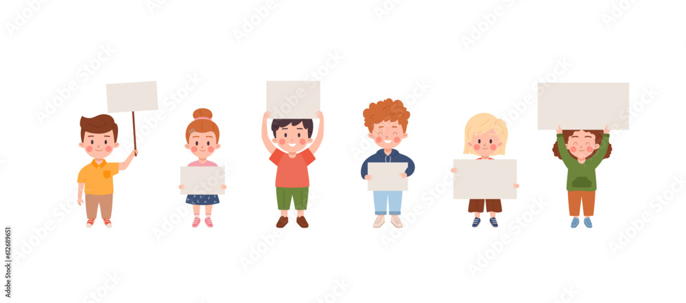 Set of little kids holding blank papers and signs, cartoon flat vector ...