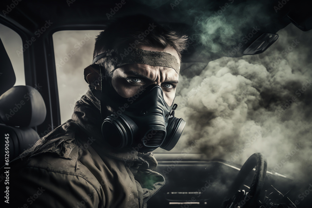 Driver wearing respirator or gas mask. Bad smell in the car. Concept of ...