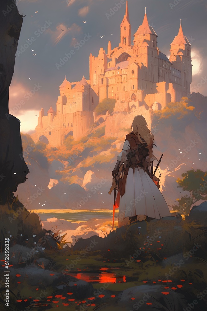 Medieval female knight in shiny armor, castle ruin in background ...