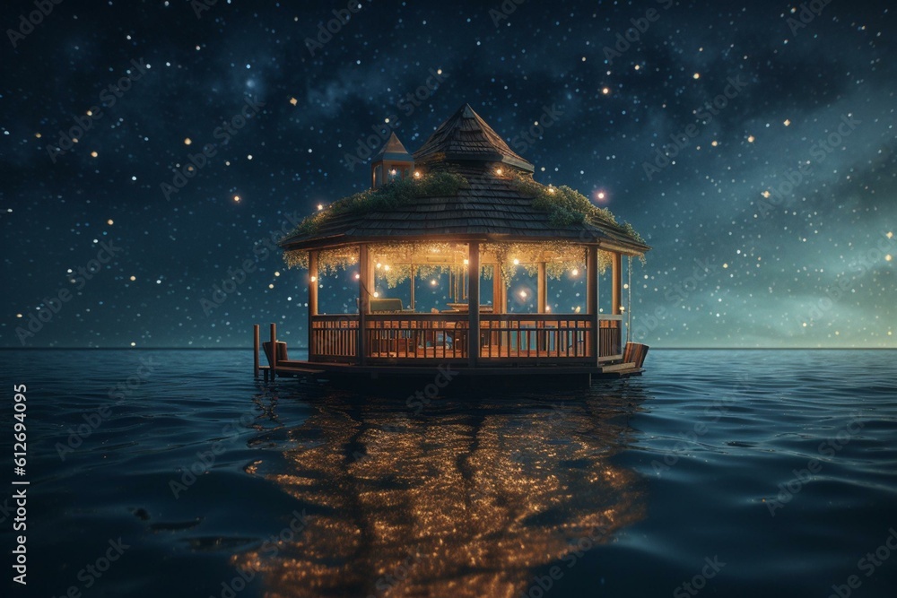 Gazebo atop floating island adrift among stars. Generative AI Stock ...