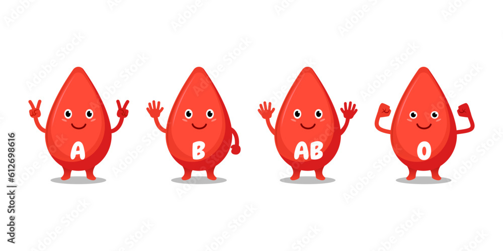 Cartoon blood drop. Blood type A, B, AB, O. Vector illustration. Stock ...