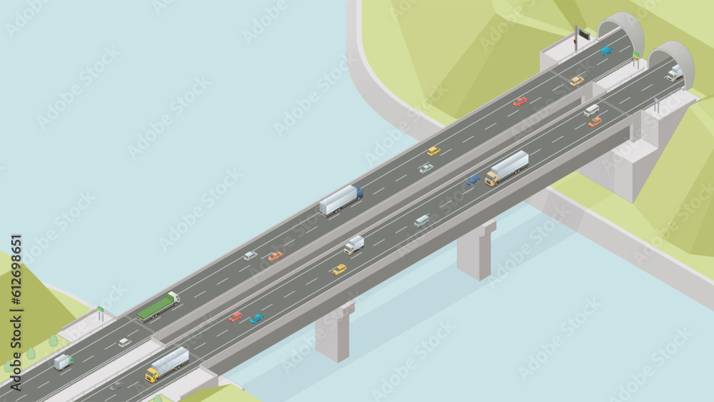 Poster アイソメトリック図法で描いた高速道路の橋とトンネルのイメージ / Japanese expressway bridge and ...