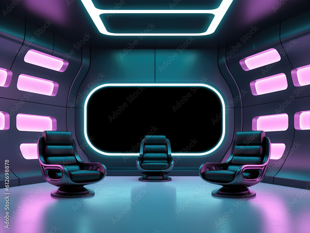 A set of three chairs in a room with neon lights. Generative AI. Empty ...