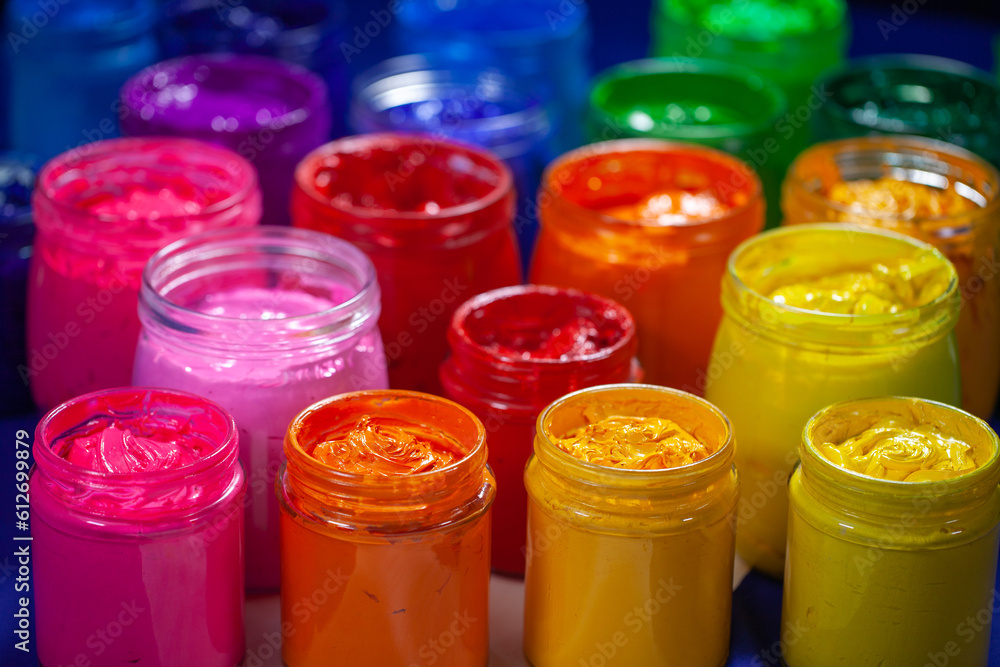 Colors for fabric printing in different colors in clear glass bottles ...