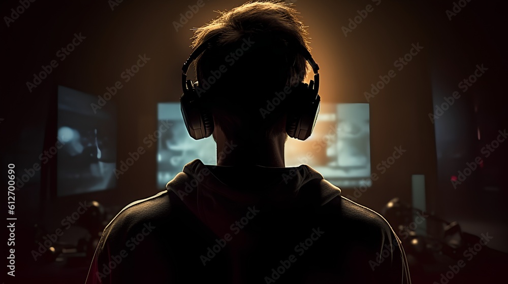 Concept of gaming addiction, featuring back view of a boy sitting in a ...