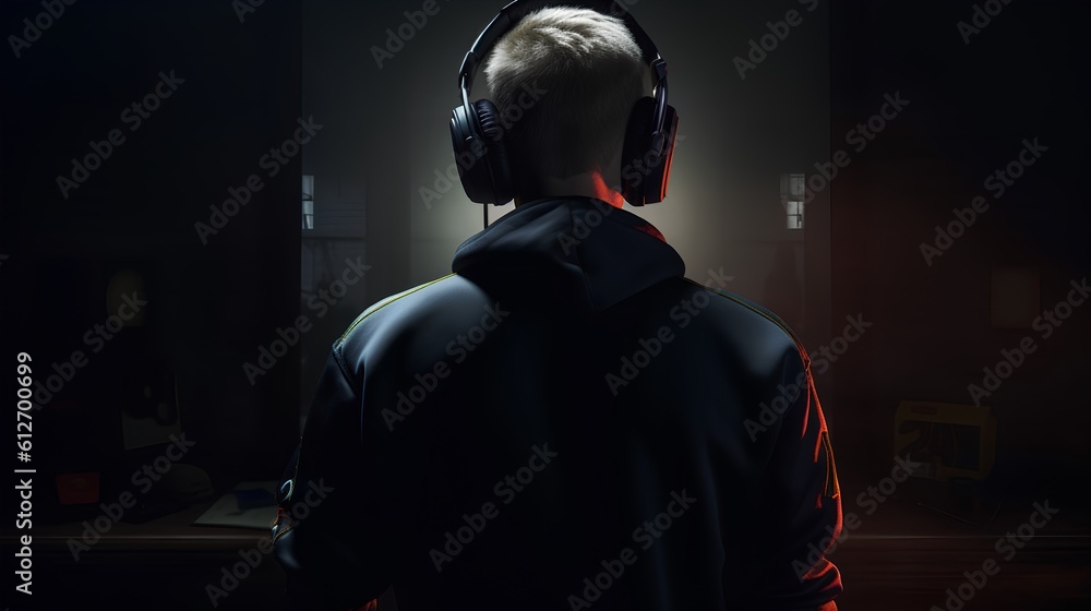 Concept of gaming addiction, featuring back view of a boy sitting in a ...