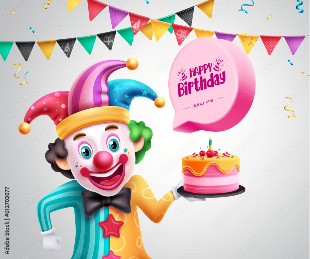 Birthday clown character vector design. Happy birthday greeting text in ...
