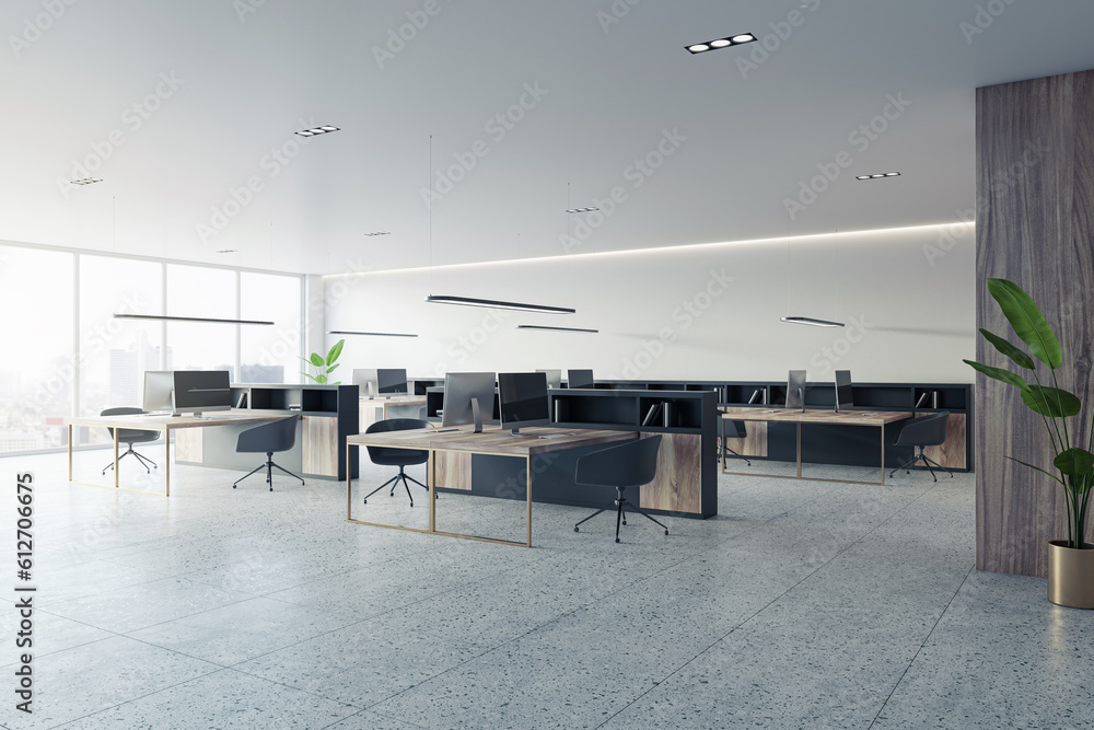 Open office interior layout with desks, computers, and a window. The ...