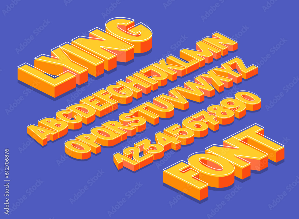 Isometric Lying Yellow Font. Uppercase English Alphabet and Numbers ...
