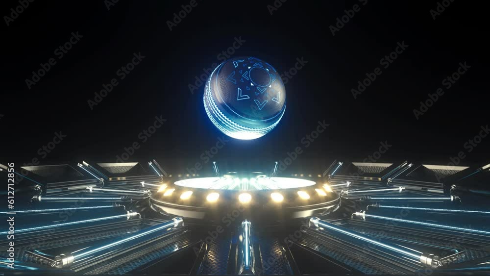 A futuristic sports concept of a cricket ball lit with neon markings ...