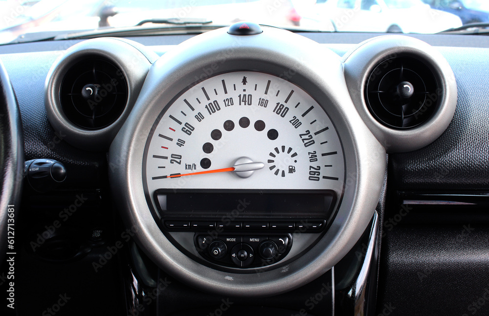 Vinnytsia, Ukraine; June 10, 2023. Mini Cooper S speedometer. Luxury ...