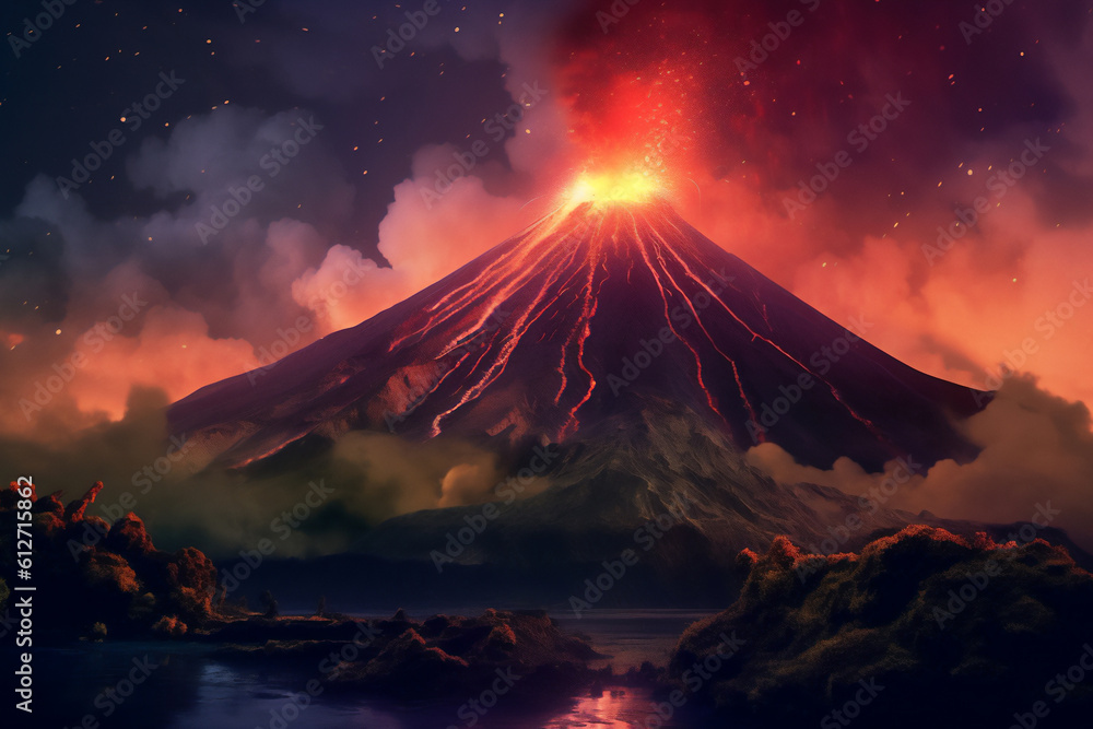 Volcano eruption creating an explosive mix of volcanic ash and molten ...