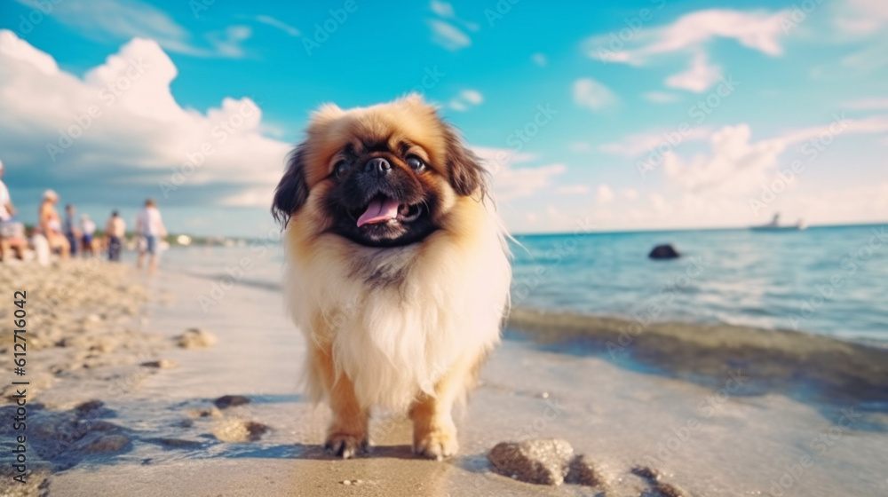 Pekingese dog on the beach, Hawaiian style, Summer beach and recreation ...
