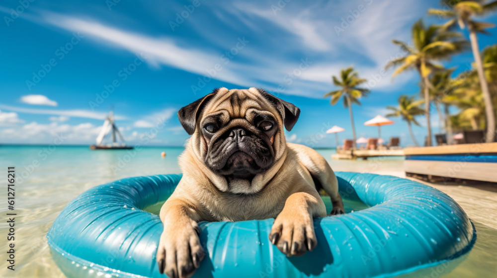 Pug dog on the beach, Hawaiian style, Summer beach and recreation ...