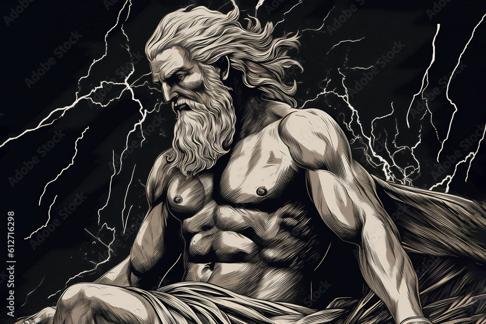 Engraved portrait of Zeus king of the gods on Mount Olympus in Greek ...