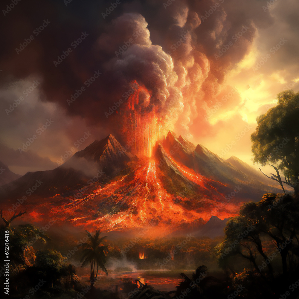 Volcano eruption creating an explosive mix of volcanic ash and molten ...