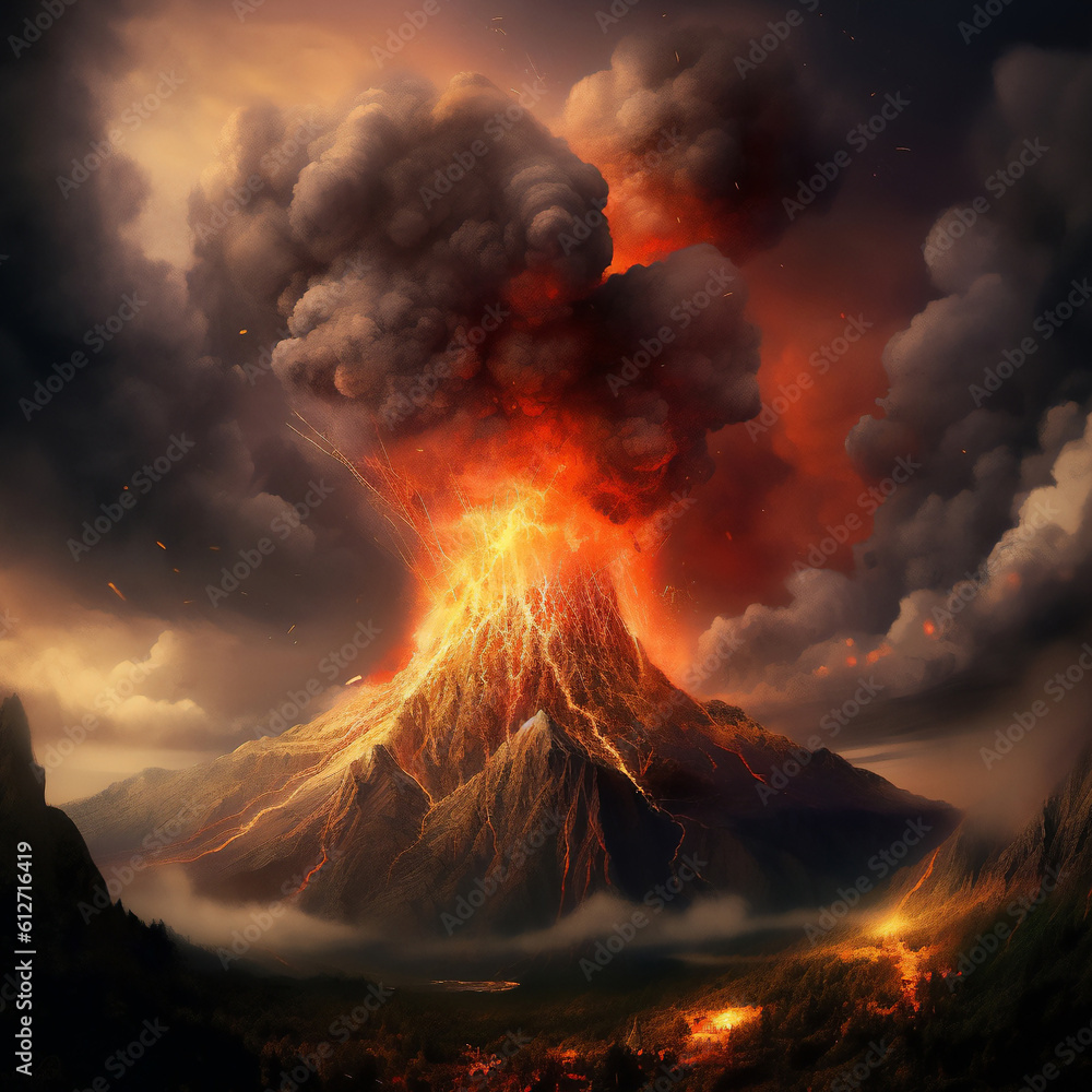 Volcano eruption creating an explosive mix of volcanic ash and molten ...