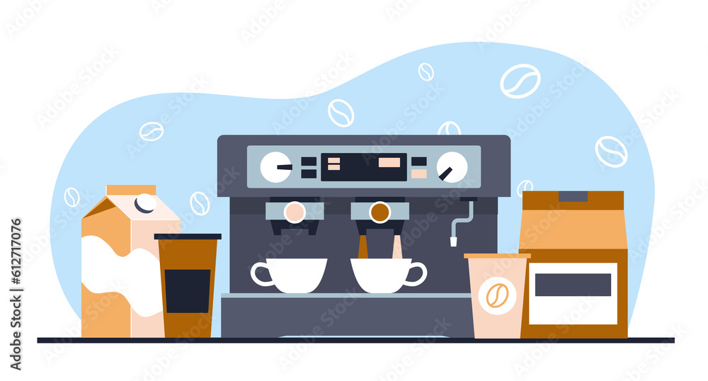 Coffee time, cups, coffee machine and coffee beans, creamer. Hot ...